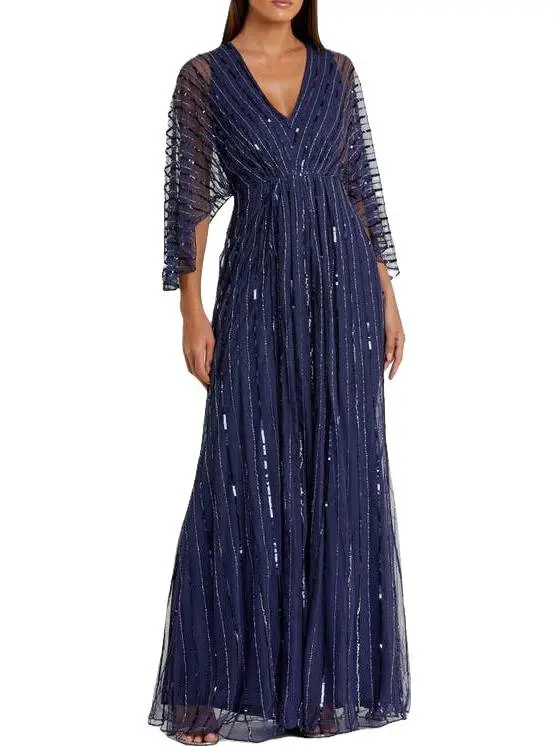 Mac Duggal Sequin Beaded Stripe Cape Sleeve V-neck Gown - Navy
