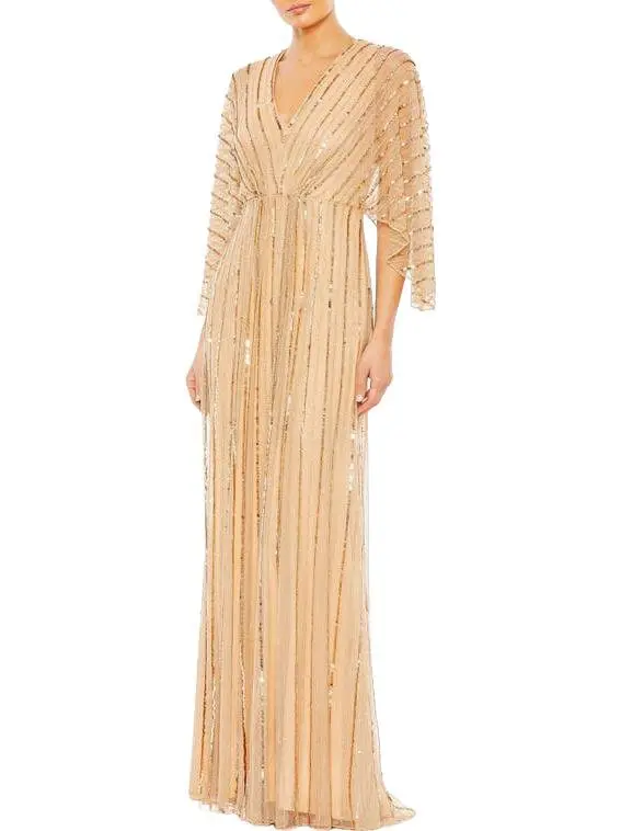 Mac Duggal Beaded Kimono Sleeve Gown - Taupe