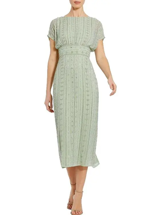 Mac Duggal Beaded Cap Sleeve Column Midi Dress - Sage