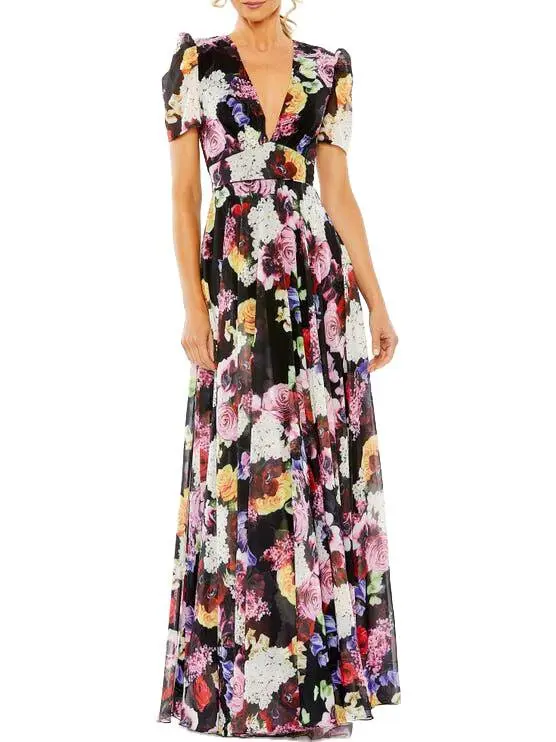 Mac Duggal Floral Print Mesh Gown - Black Multi
