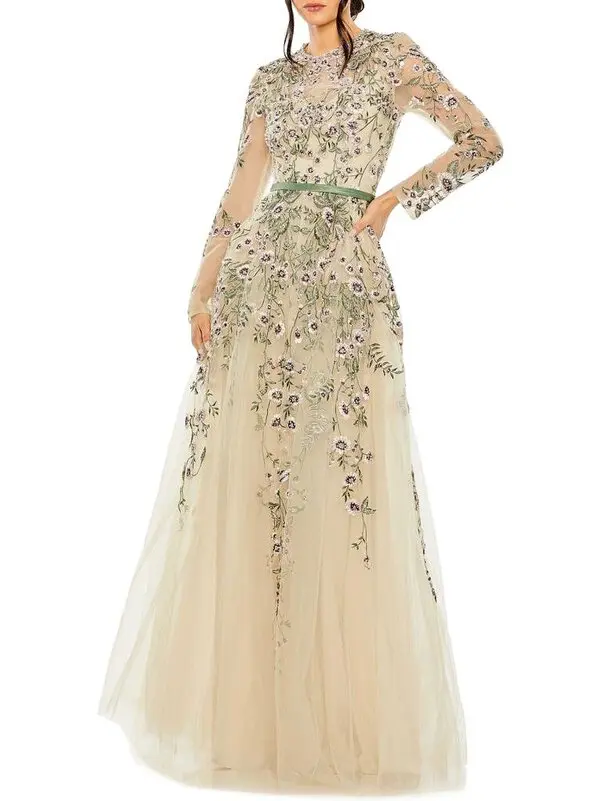 Mac Duggal Long Sleeve Embellished Gown - Sage Multi