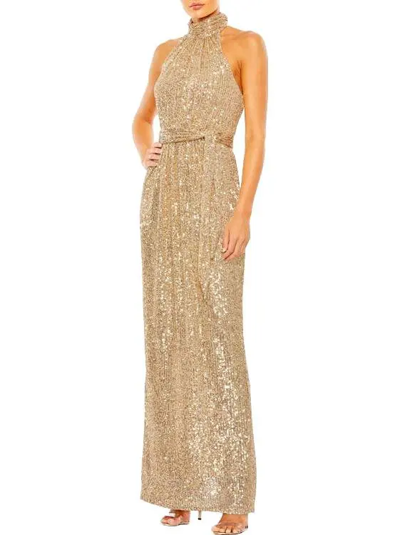 Mac Duggal Sequin Halterneck Gown With Belt - Champagne