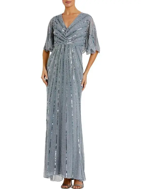 Mac Duggal Sequined V-neck Cape Sleeve Gown - Slate Blue