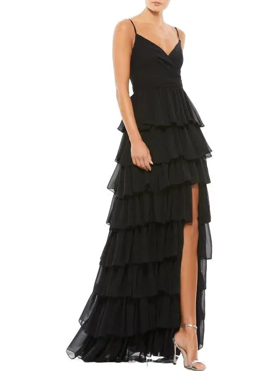 Mac Duggal Sleeveless V-neck Evening Gown With Ruffle Skirt - Black