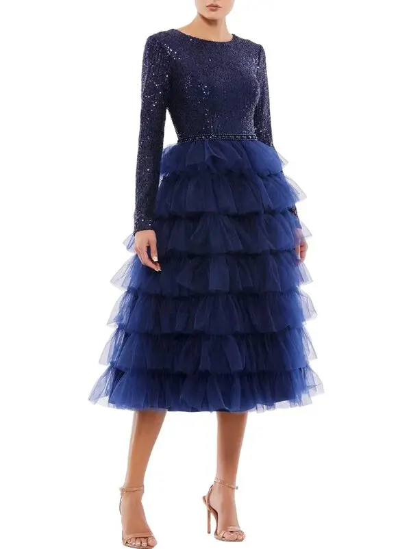 Mac Duggal Sequined Layered Tulle A-line Dress - Midnight