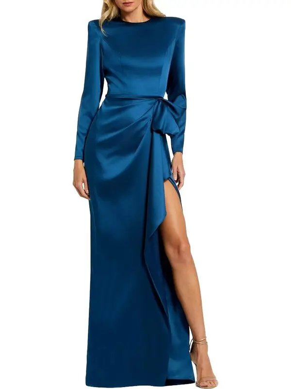 Mac Duggal Long Sleeve Bow Draped Column Gown - Ocean Blue