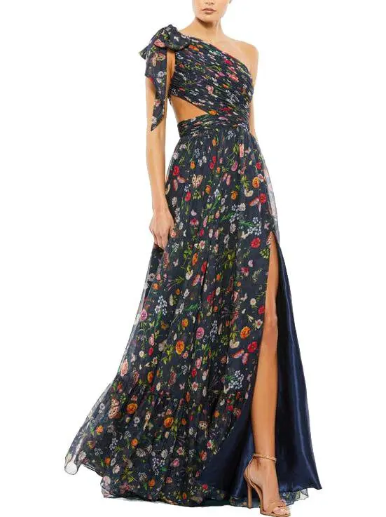Mac Duggal One-shoulder Floral Chiffon Gown - Navy Multi
