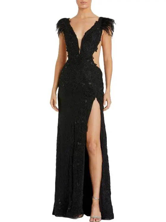Mac Duggal Feather Cap Sleeve Lace Gown - Black