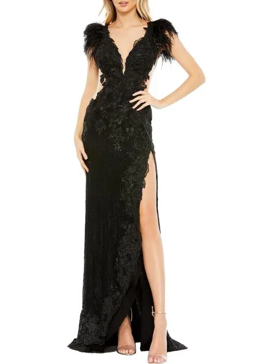 Mac Duggal Feather Cap Sleeve Lace Gown - Black
