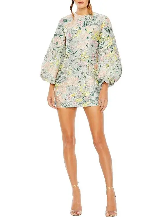 Mac Duggal Floral Brocade Puff Sleeve Mini Dress - Pastel Multi