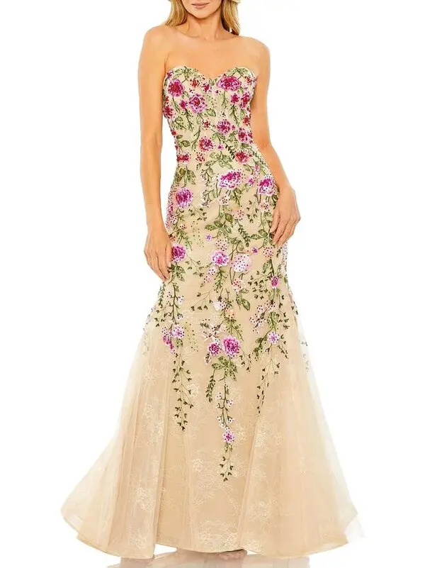 Mac Duggal Strapless Embroidered Mermaid Gown - Pink Multi