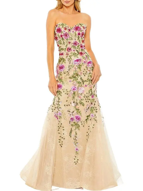 Mac Duggal Strapless Embroidered Mermaid Gown - Pink Multi