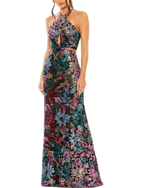 Mac Duggal Sequin Embellished Cross Neck Gown - Black Multi