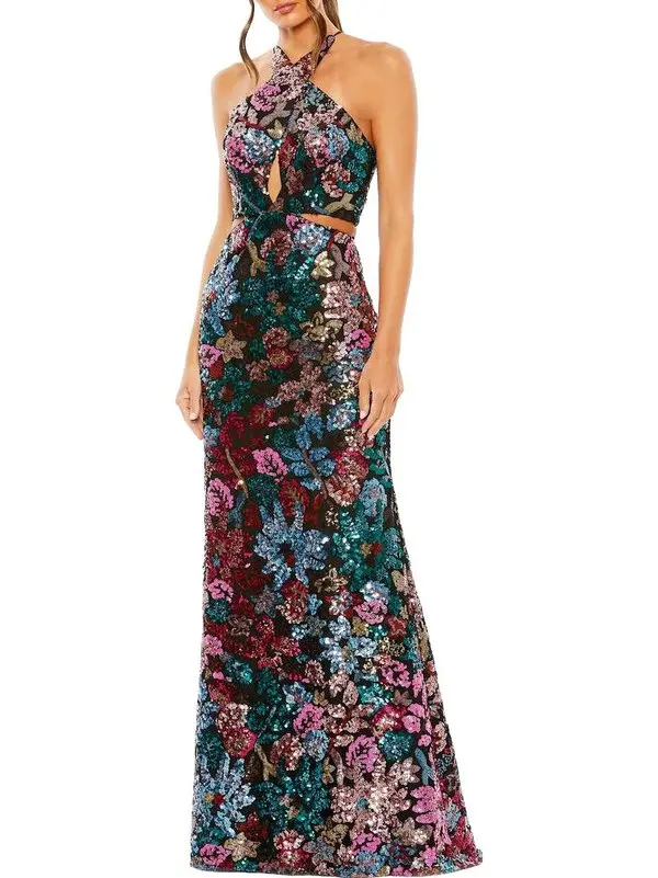 Mac Duggal Sequin Embellished Cross Neck Gown - Black Multi