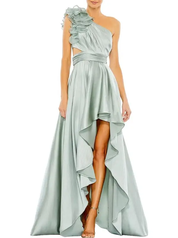 Mac Duggal Ruffled One Shoulder Hi-lo Gown - Sage