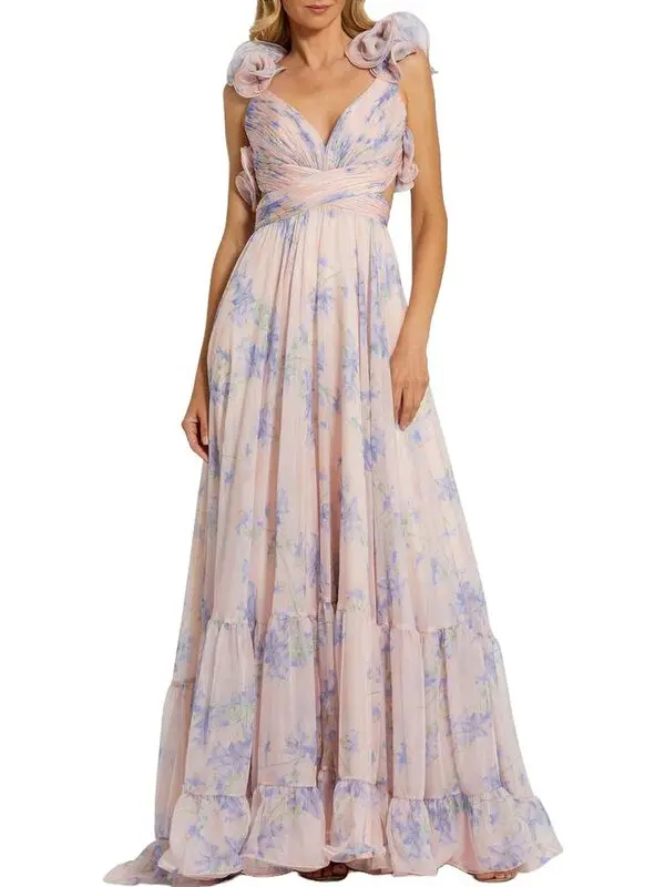 Mac Duggal Ruffle Tiered Floral Cut-out Chiffon Gown - Violet Multi