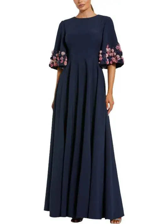 Mac Duggal Crepe A-line Gown With 3d Floral Detail - Midnight
