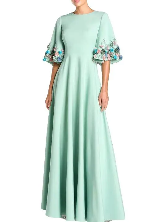 Mac Duggal Stretch Satin Gown With Floral Sleeves - Sage