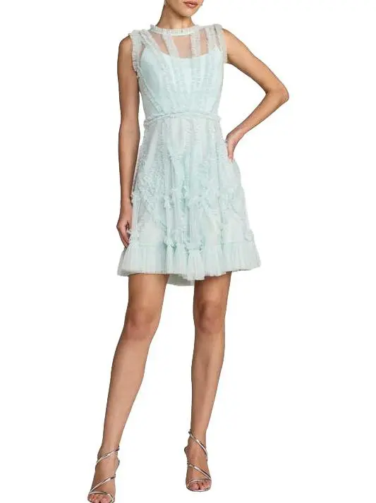 Mac Duggal Sleeveless Ruffle High Neck Mini Dress - Aqua