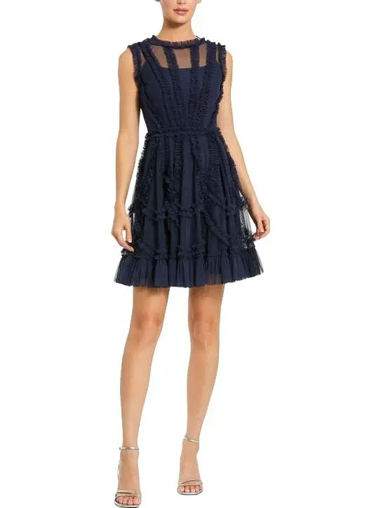 Mac Duggal Mesh Micro Ruffle Mini Dress - Indigo