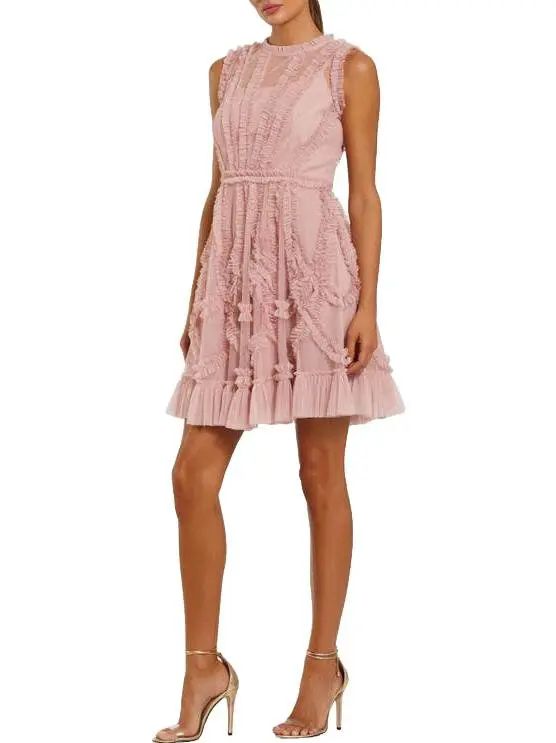 Mac Duggal Mesh Micro Ruffle Mini Dress - Rose