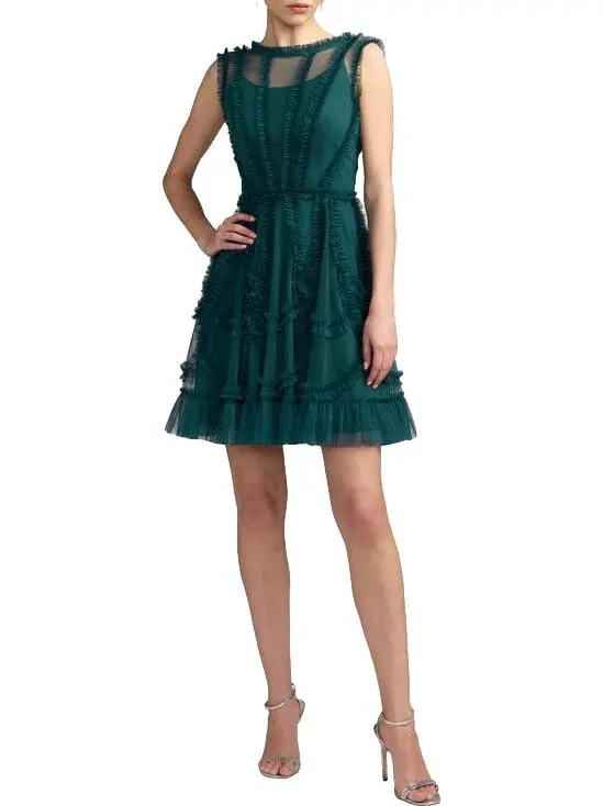 Mac Duggal Mesh Micro Ruffle Mini Dress - Teal