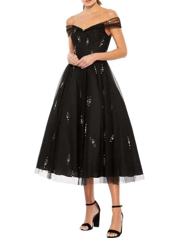 Mac Duggal Off The Shoulder Embellished Tulle Cocktail Dress - Black
