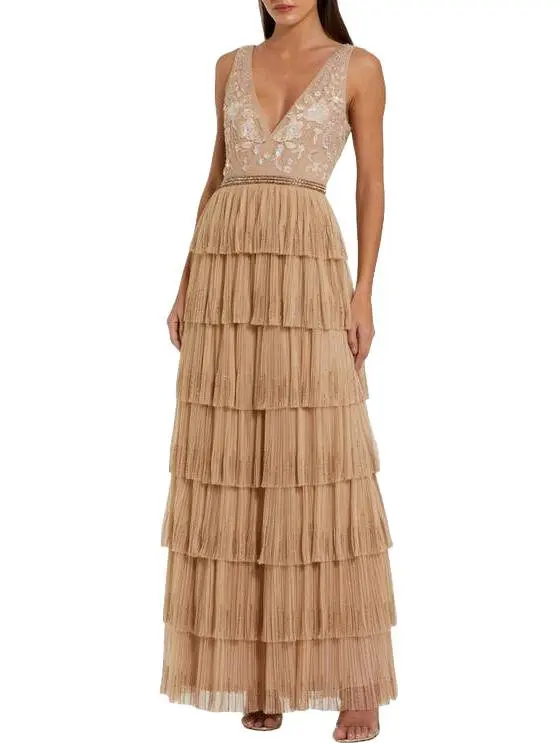 Mac Duggal Floral Beaded V-neck Tiered Ruffle Mesh Gown - Beige