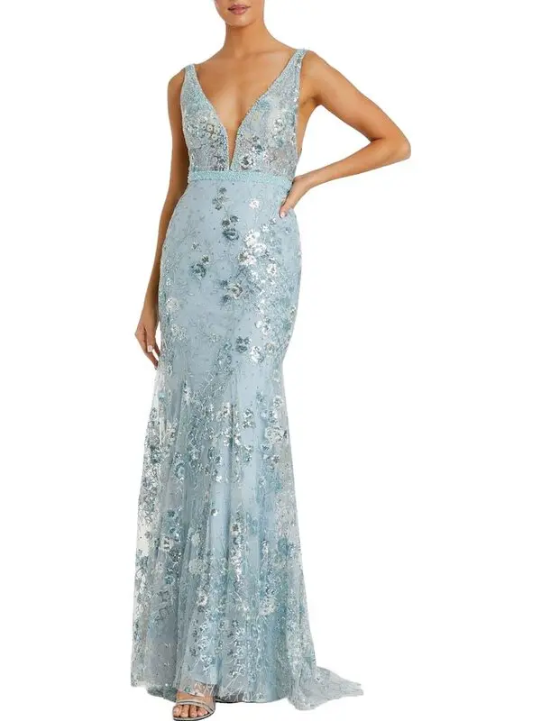 Mac Duggal Floral Embellished Sleeveless Plunge Neck Gown - Seafoam