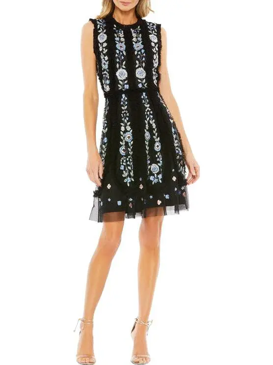 Mac Duggal Sleeveless Embroidered Mini Dress - Black