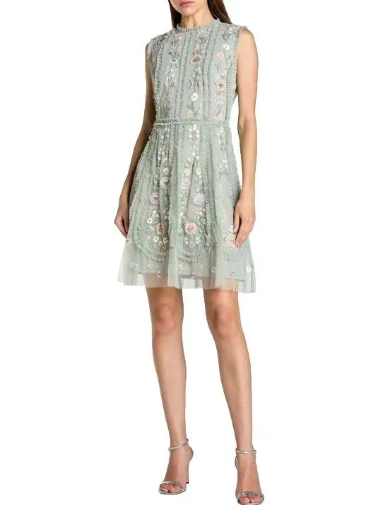 Mac Duggal Sleeveless High Neck Embroidered Mini Dress - Sage Multi
