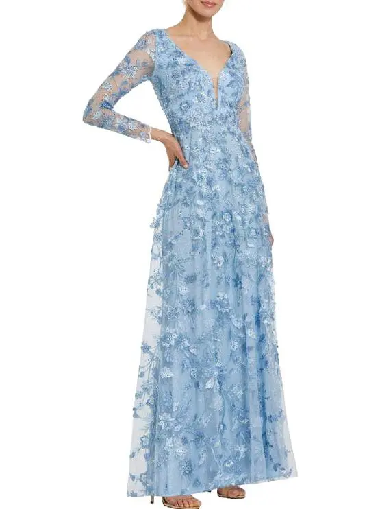 Mac Duggal Floral Applique Illusion Gown - Powder Blue