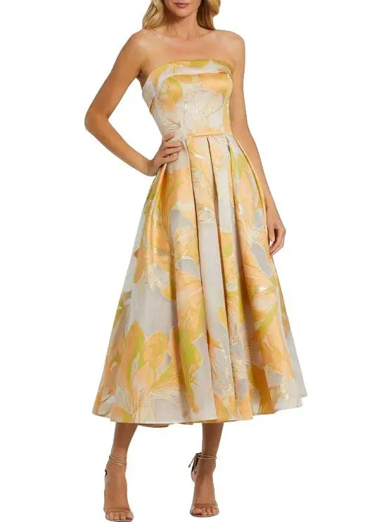 Mac Duggal Strapless Floral Print Brocade Midi Dress - Peach Multi