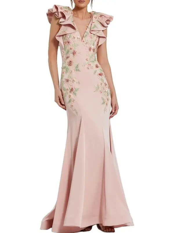 Mac Duggal Flutter Sleeve Embellished Mermaid Gown - Blush