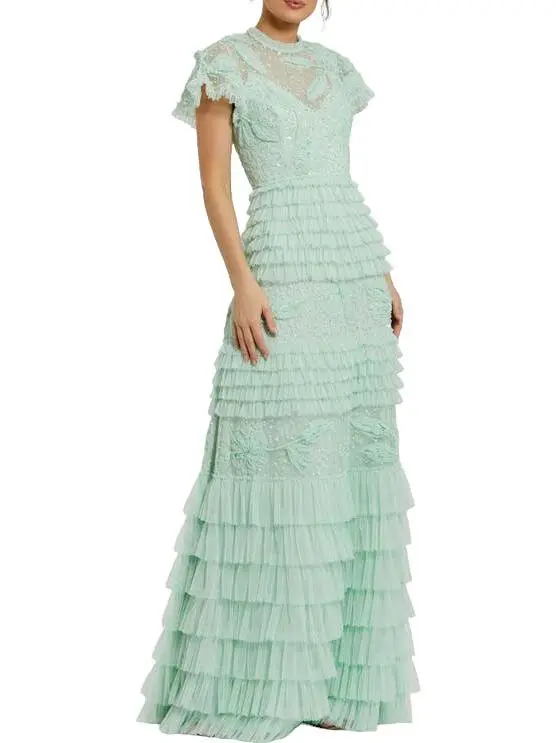 Mac Duggal Beaded Mesh Floral Gown - Sage