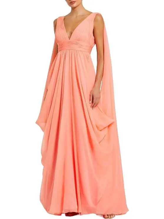 Mac Duggal Drape Detail V-neck Chiffon Gown - Coral