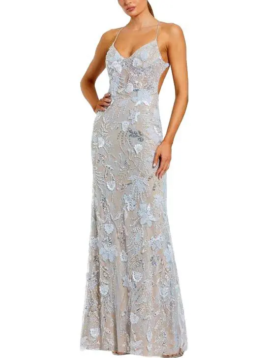 Mac Duggal Floral Embroidered Open Back Gown - Powder Blue