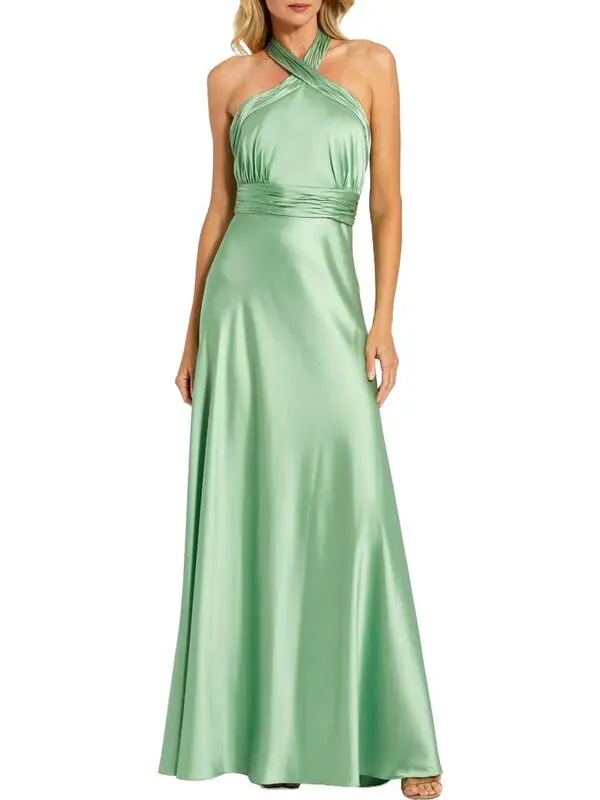 Mac Duggal Ruched Halter Neck Satin Gown - Sage