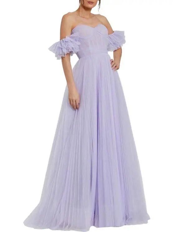 Mac Duggal Off-the-shoulder Tulle A-line Gown - Lilac