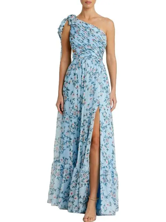 Mac Duggal Floral Chiffon One-shoulder A-line Gown - Aqua Multi