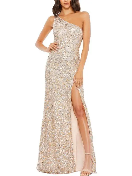 Mac Duggal Sequin One-shoulder Gown With Embellishments - Nude