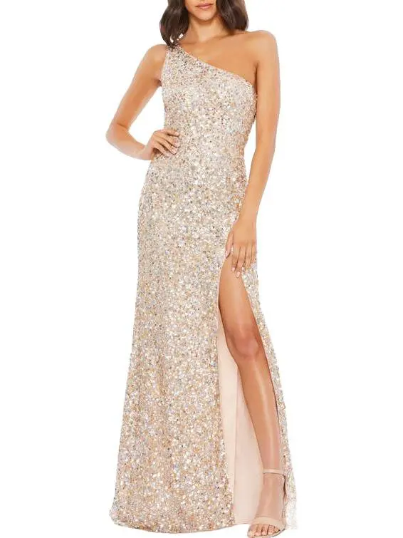 Mac Duggal Sequin One-shoulder Gown With Embellishments - Nude