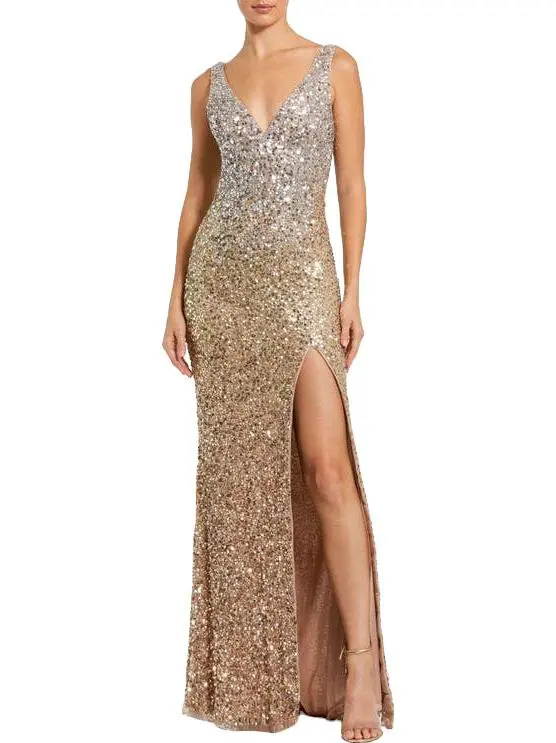 Mac Duggal Sequined V-neck Gown With Side Slit - Shimmering Gold