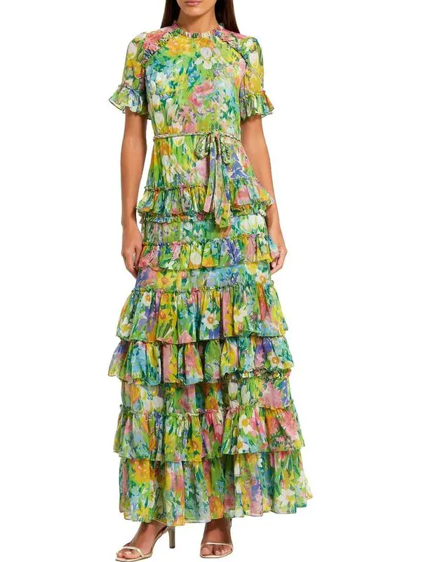 Mac Duggal Floral Printed Chiffon Gown - Green Multi