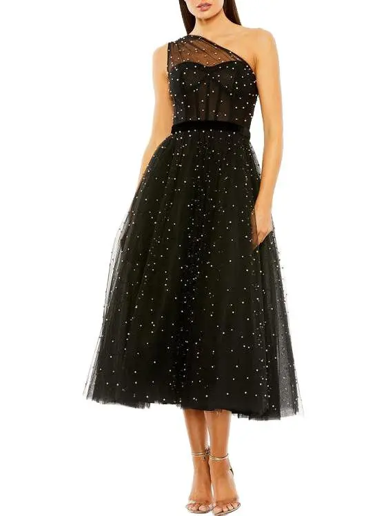 Mac Duggal One-shoulder Beaded Midi Ballgown - Black