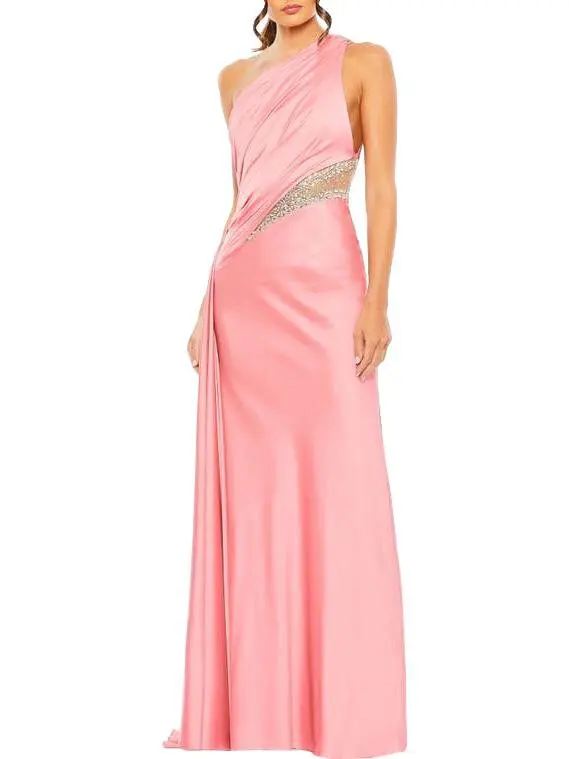Mac Duggal One-shoulder Gown With Beaded Cutout - Coral