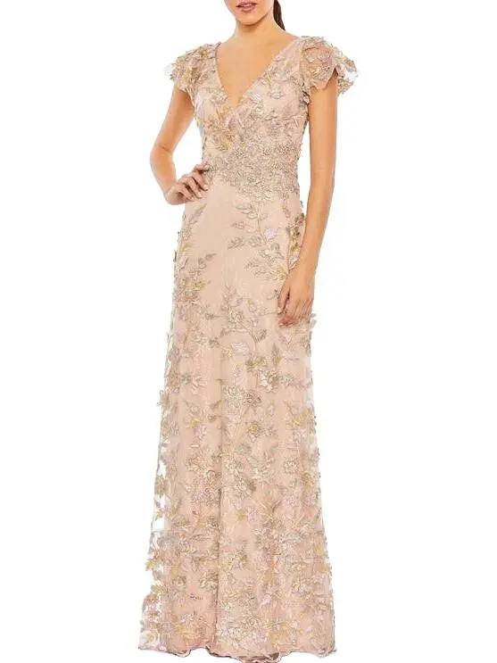 Mac Duggal Embroidered Applique Flutter Sleeve Gown - Rose Gold