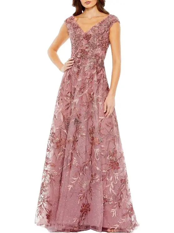 Mac Duggal Embroidered Illusion A-line Gown - Cinnamon