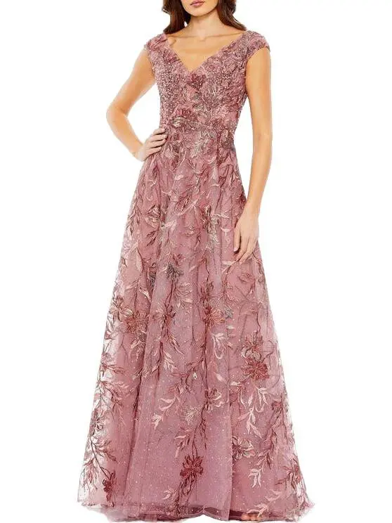 Mac Duggal Embroidered Illusion Cap Sleeve A-line Gown - Cinnamon