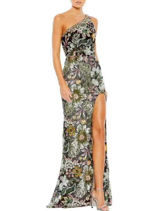 Mac Duggal Embellished Floral One Shoulder Gown - Black Multi